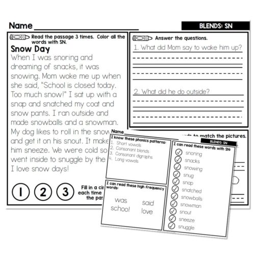 2nd Grade Decodable Phonics Passage - Beginning Blends - SN - Snow Day ...