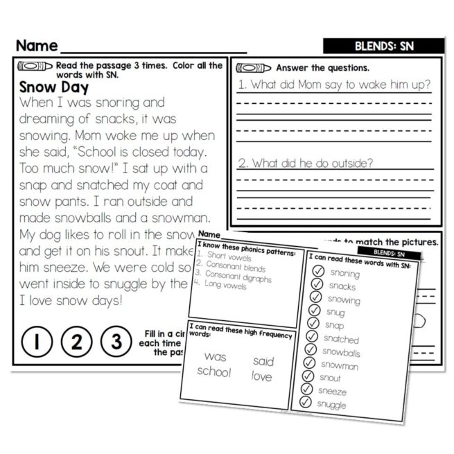 2nd Grade Decodable Phonics Passage - Beginning Blends - SN - Snow Day ...
