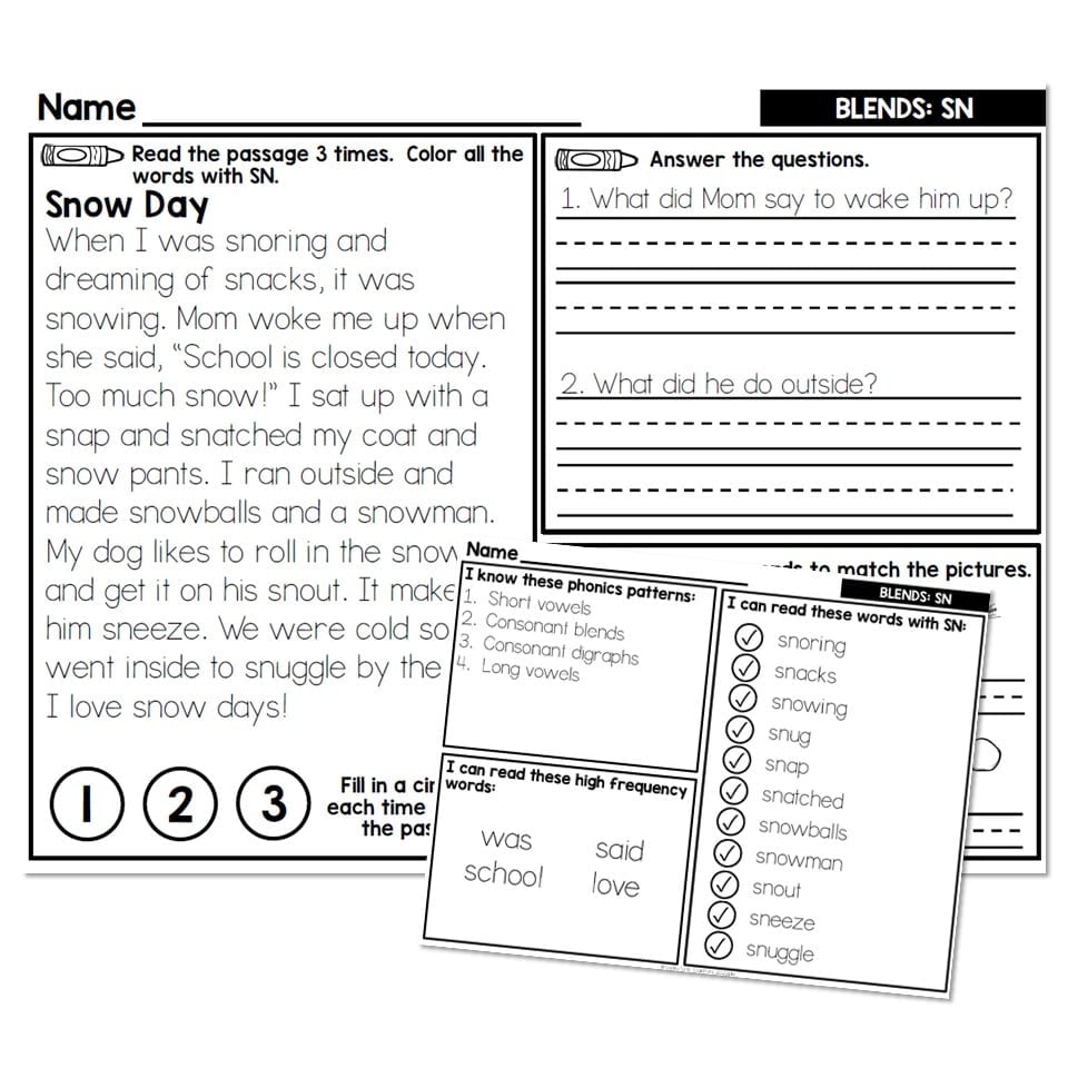 2nd Grade Decodable Phonics Passage - Beginning Blends - SN - Snow Day ...