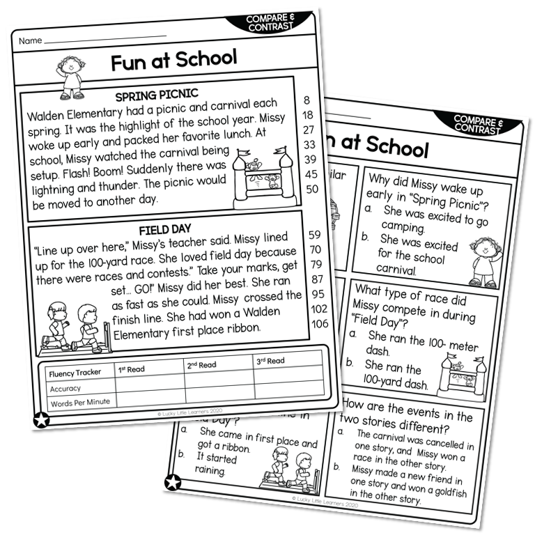 2nd Grade Fiction Compare and Contrast Reading Passage - Fun at School ...