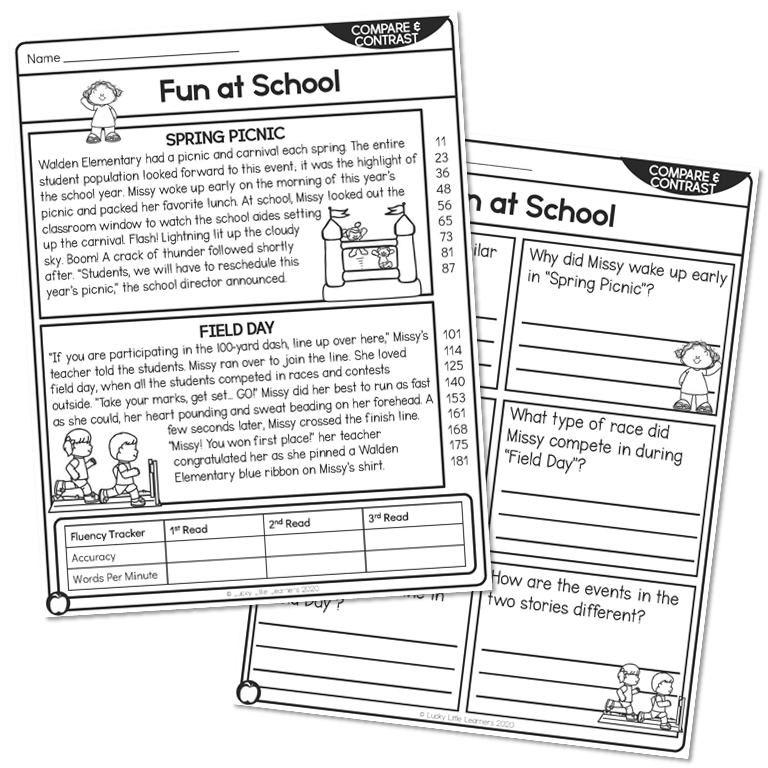 2nd Grade Fiction Compare and Contrast Reading Passage - Fun at School ...