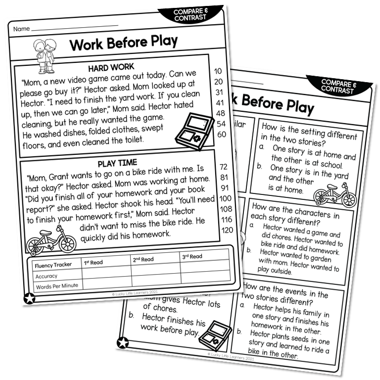 2nd Grade Fiction Compare and Contrast Reading Passage - Work Before ...