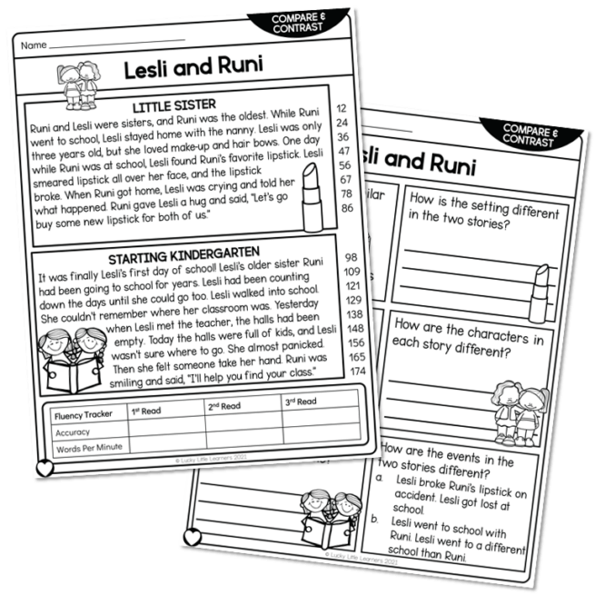 2nd Grade Fiction Compare and Contrast Reading Passage - Lesli and Runi ...