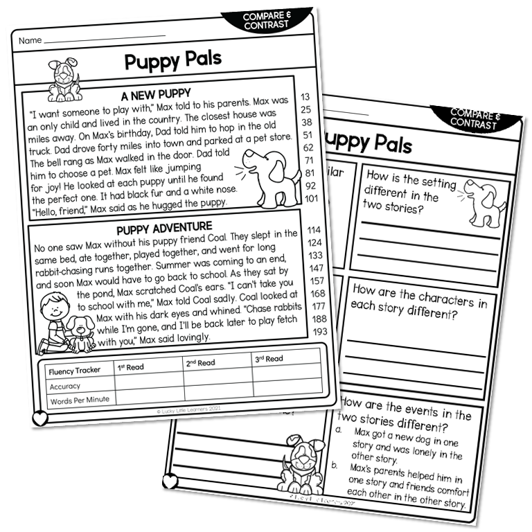2nd Grade Fiction Compare and Contrast Reading Passage - Puppy Pals ...