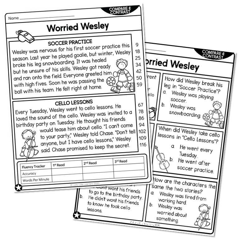 2nd Grade Fiction Compare and Contrast Reading Passage - Worried Wesley ...