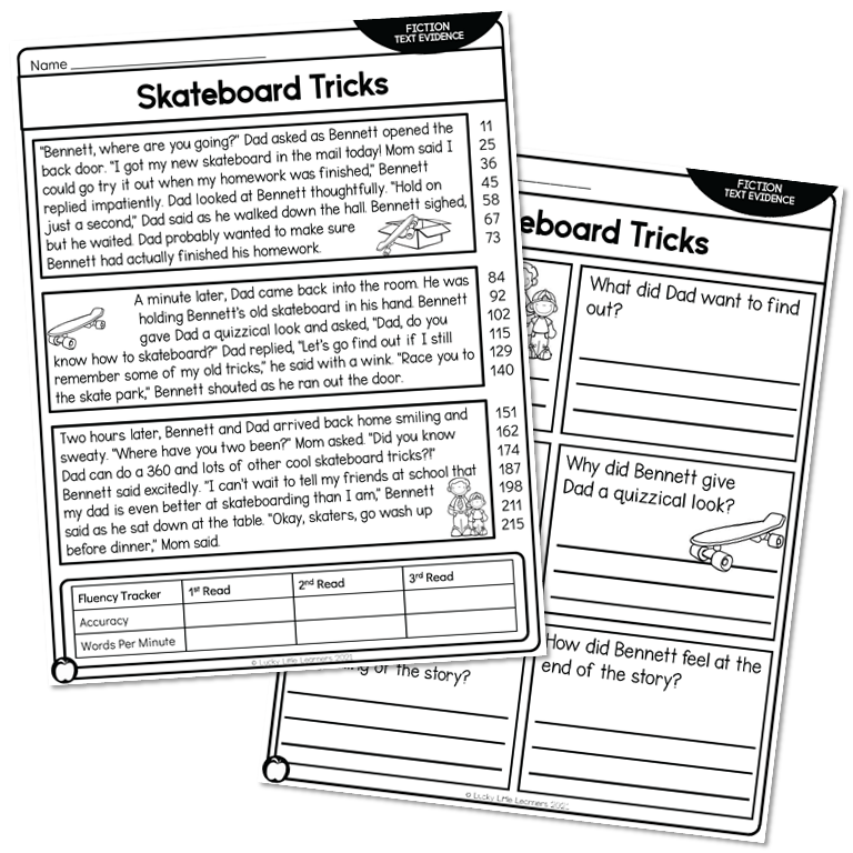 2nd Grade Fiction Text Evidence and 5 W's Reading Passage - Skateboard ...