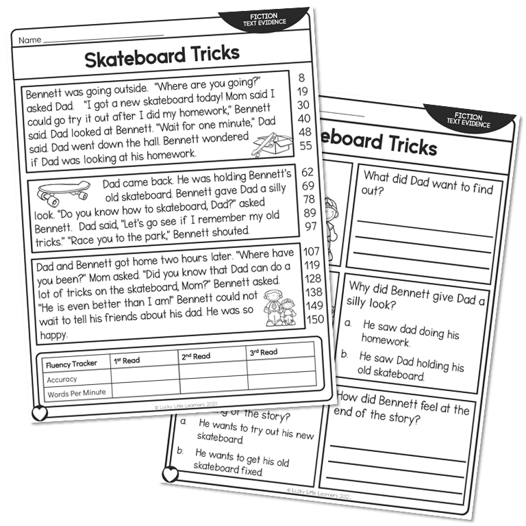 2nd Grade Fiction Text Evidence and 5 W's Reading Passage - Skateboard ...