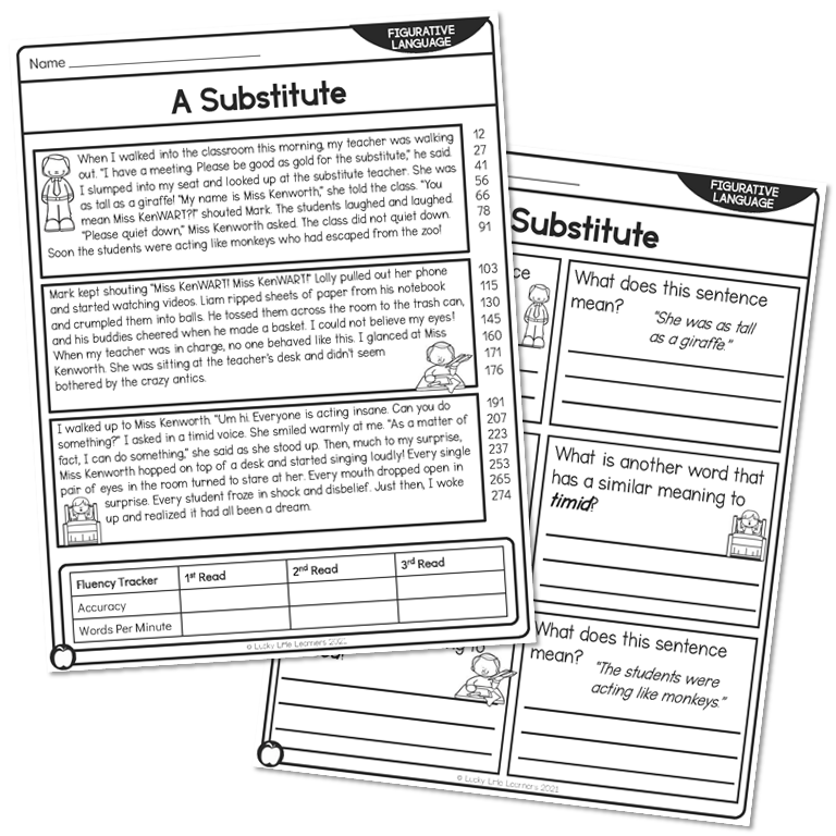 2nd Grade Figurative Language Reading Passage - A Substitute - Above ...