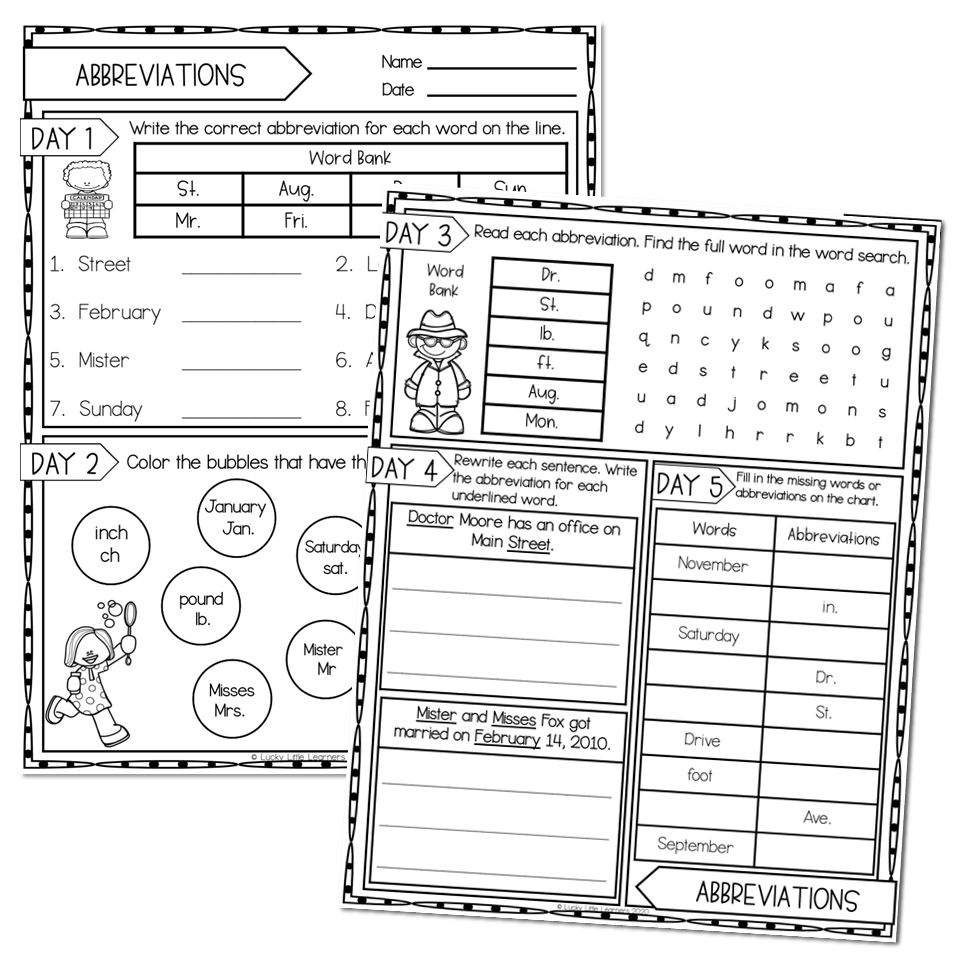 2nd Grade Grammar Worksheets - Abbreviations - Lucky Little Learners