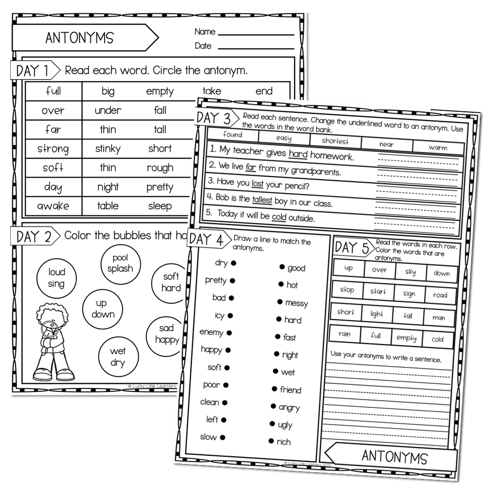 2nd Grade Grammar Worksheets - Antonyms - Lucky Little Learners