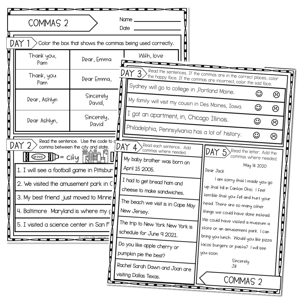 2nd Grade Grammar Worksheets - Commas 2 - Lucky Little Learners