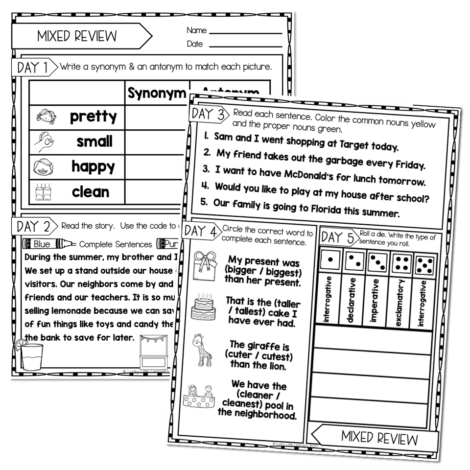 2nd Grade Grammar Worksheets - Mixed Review - Lucky Little Learners