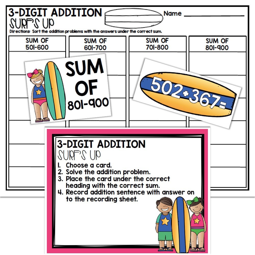 2nd Grade June Math Center - 3 Digit Addition - Lucky Little Learners
