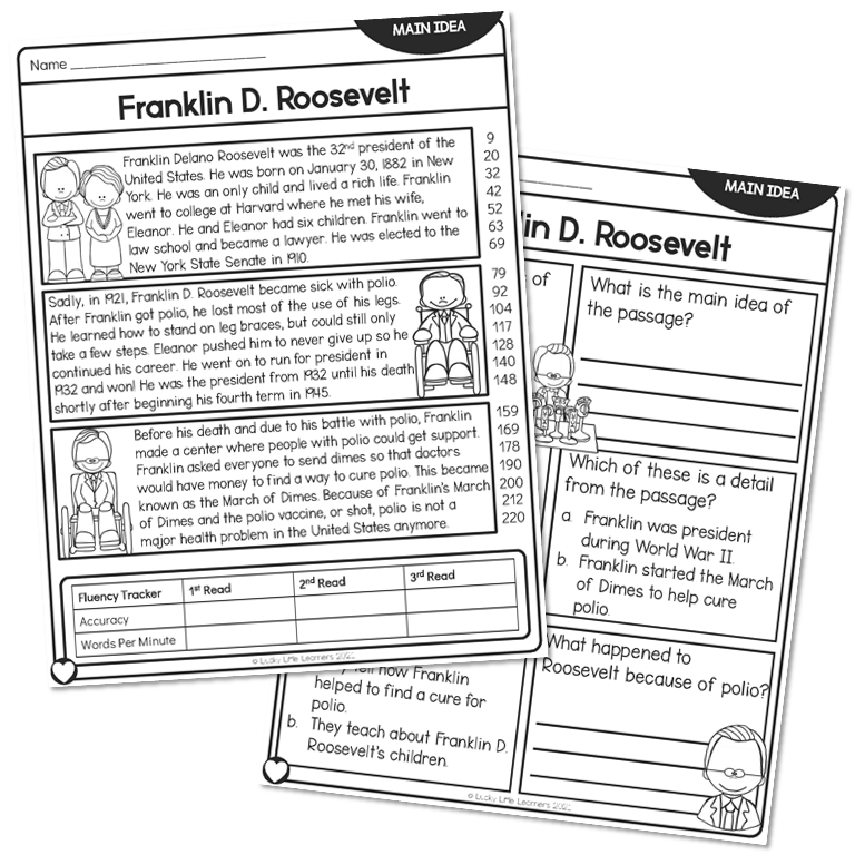 2nd Grade Main Idea Reading Passage - Franklin D. Roosevelt - At ...