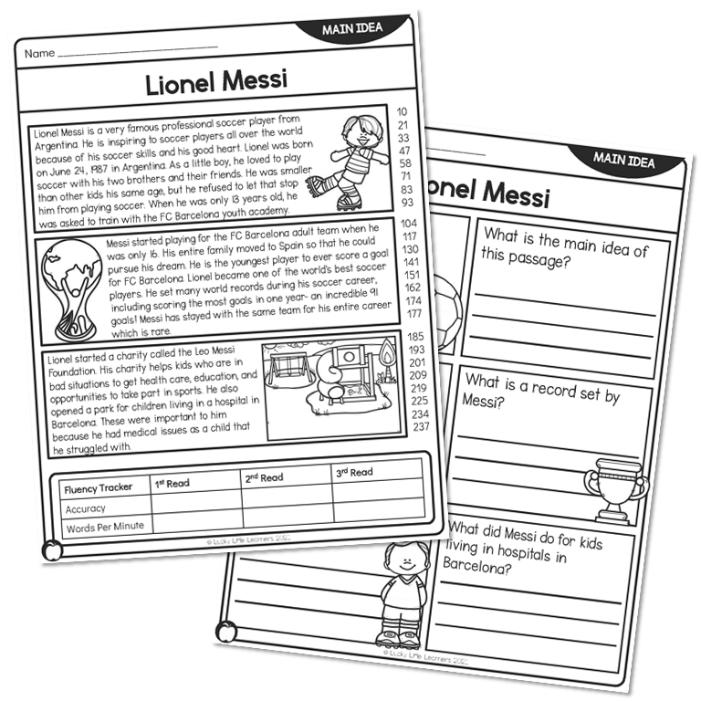 2nd Grade Main Idea Reading Passage - Lionel Messi - Above - Lucky ...