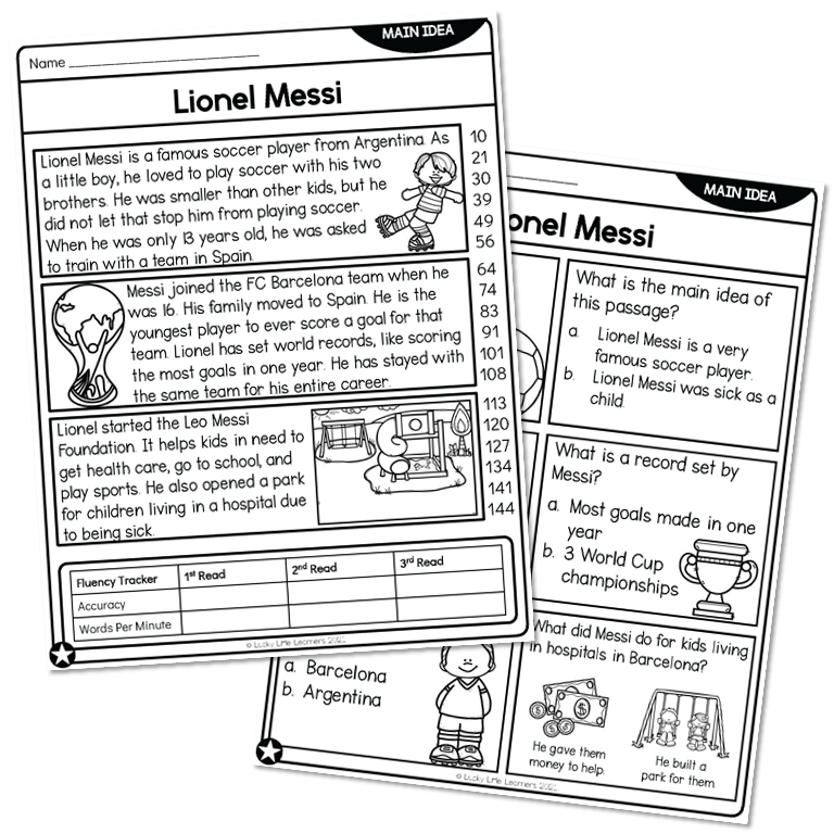 2nd Grade Main Idea Reading Passage - Lionel Messi - Below - Lucky ...