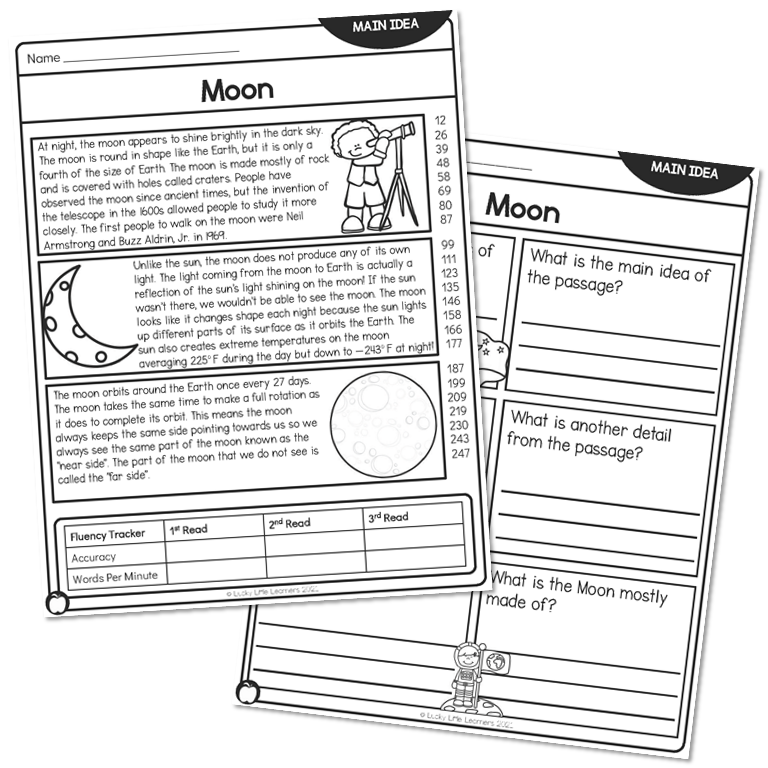 2nd Grade Main Idea Reading Passage - Moon - Above - Lucky Little Learners