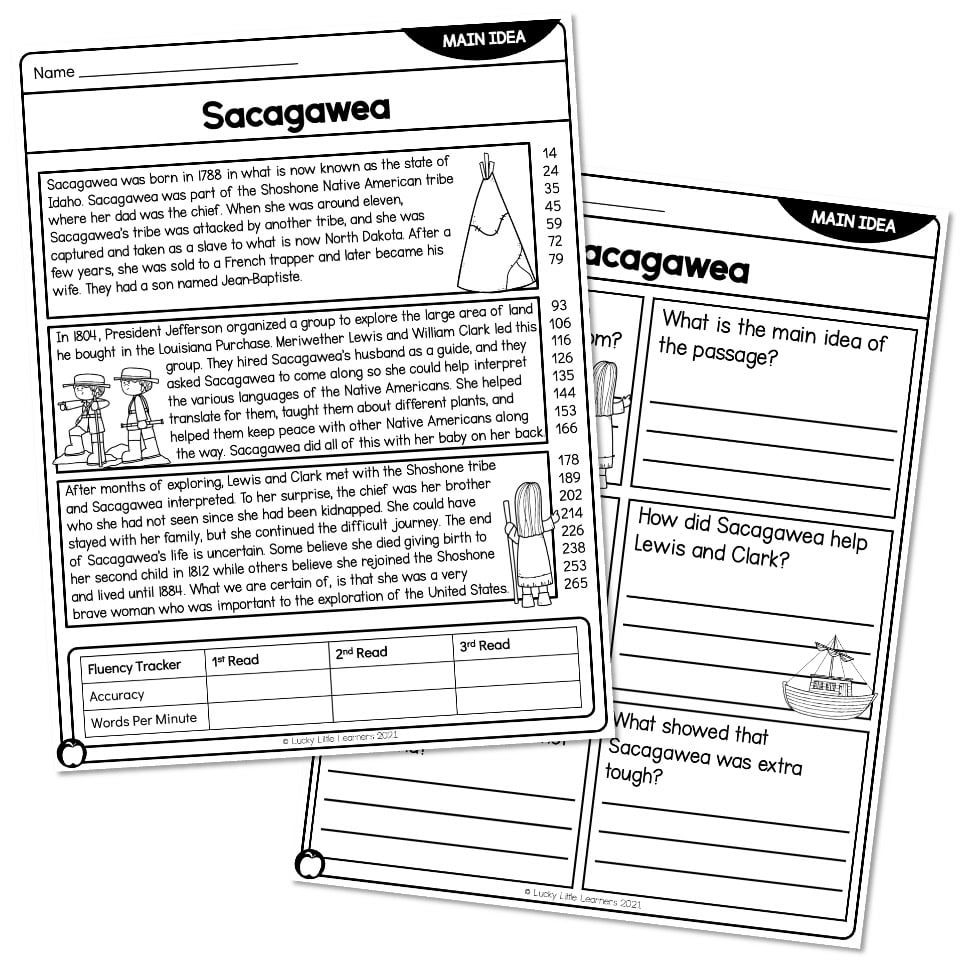 2nd Grade Main Idea Reading Passage - Sacagawea - Above - Lucky Little ...