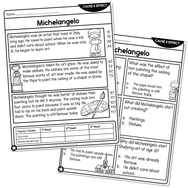2nd Grade Nonfiction Cause and Effect Reading Passage - Michelangelo ...
