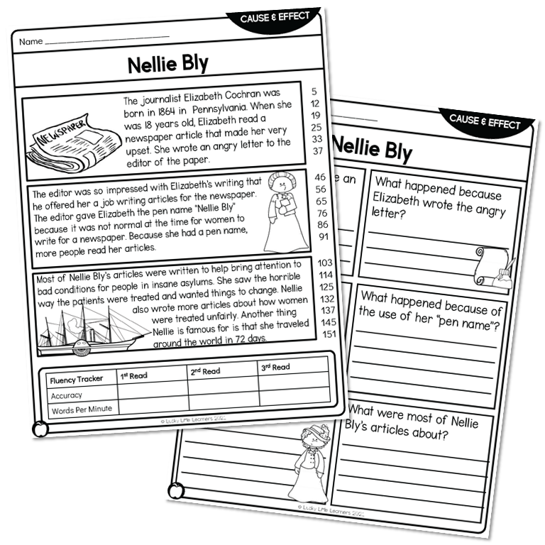 2nd Grade Nonfiction Cause and Effect Reading Passage - Nellie Bly ...