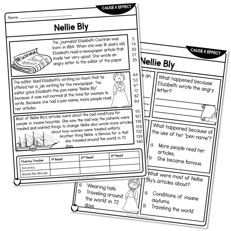 2nd Grade Nonfiction Cause and Effect Reading Passage - Nellie Bly - At ...