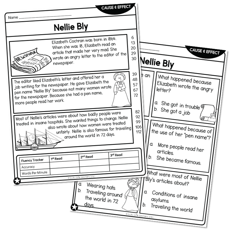 2nd Grade Nonfiction Cause and Effect Reading Passage - Nellie Bly ...