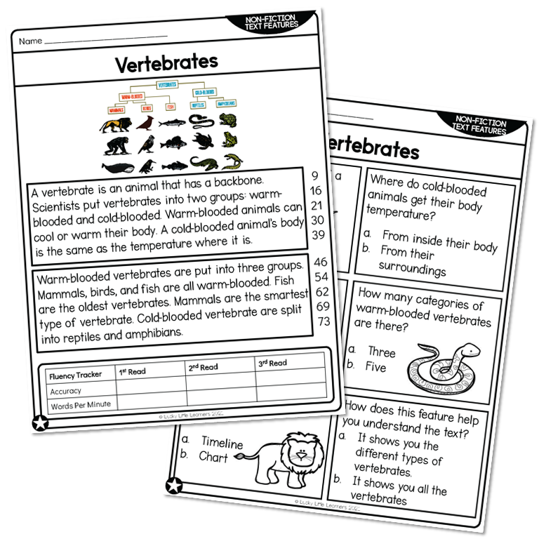 2nd Grade Nonfiction Text Features Reading Passage - Vertebrates ...