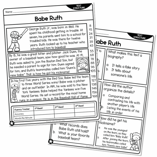 2nd Grade Nonfiction Text Structures Reading Passage - Babe Ruth ...