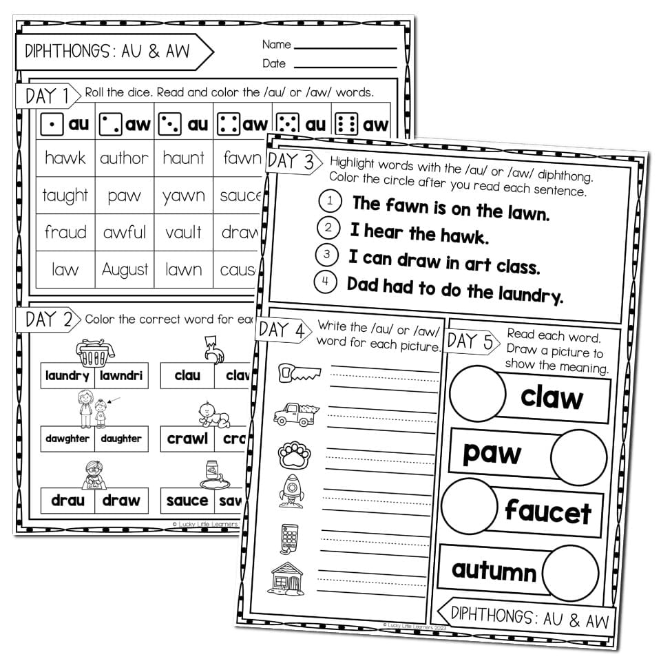 2nd Grade Phonics Worksheets - Diphthongs AU & AW - Lucky Little Learners