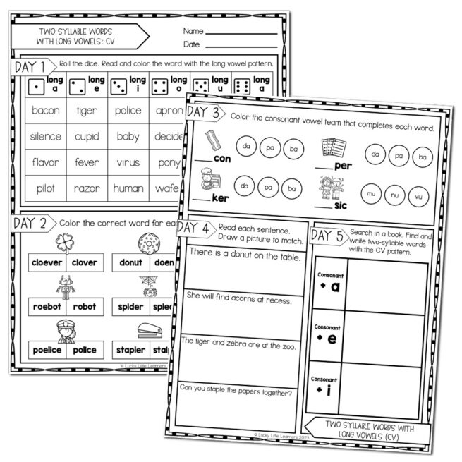 2nd Grade Phonics Worksheets - Two Syllable Words with Long Vowels CV ...