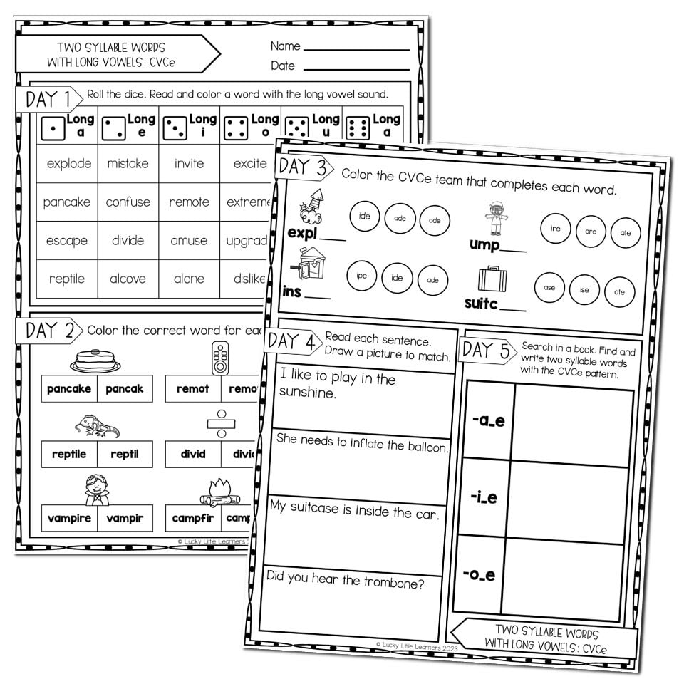 2nd Grade Phonics Worksheets - Two Syllable Words with Long Vowels CVCe ...