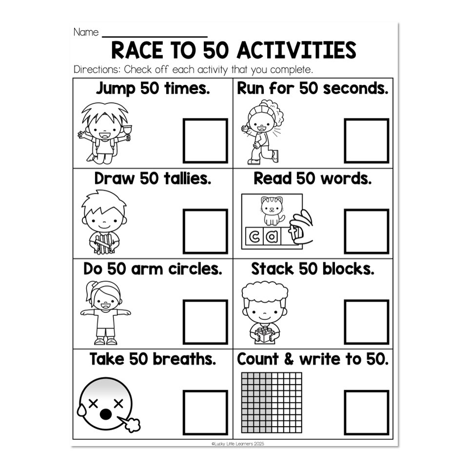 50th Day of School - 1950s - Race to 50 Activities - Lucky Little Learners