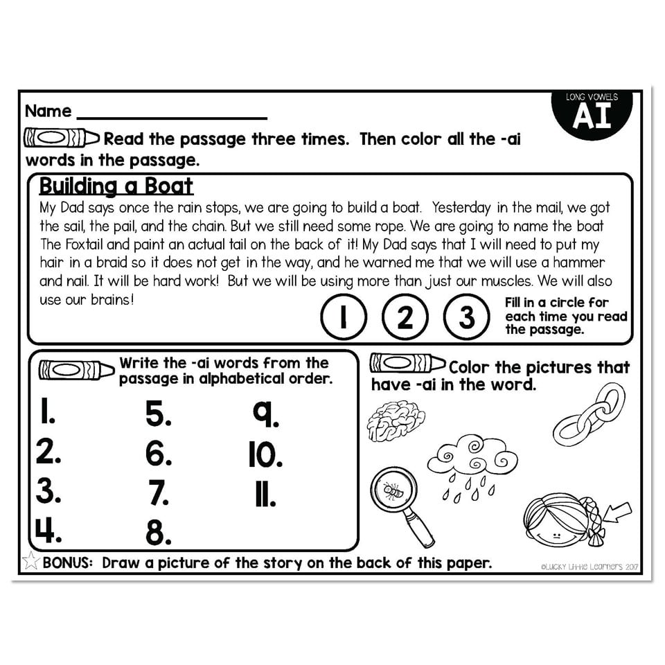 AI - Long Vowels Phonics Mats 2nd Grade - Lucky Little Learners