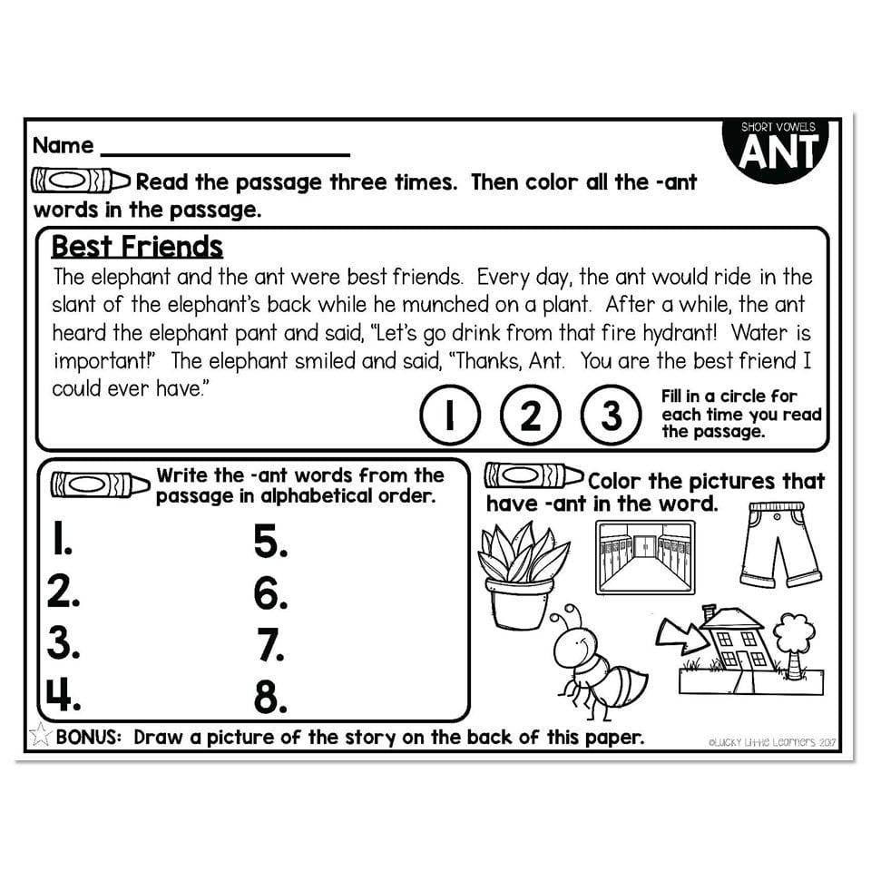 ANT - Short Vowels Phonics Mats 2nd Grade - Lucky Little Learners