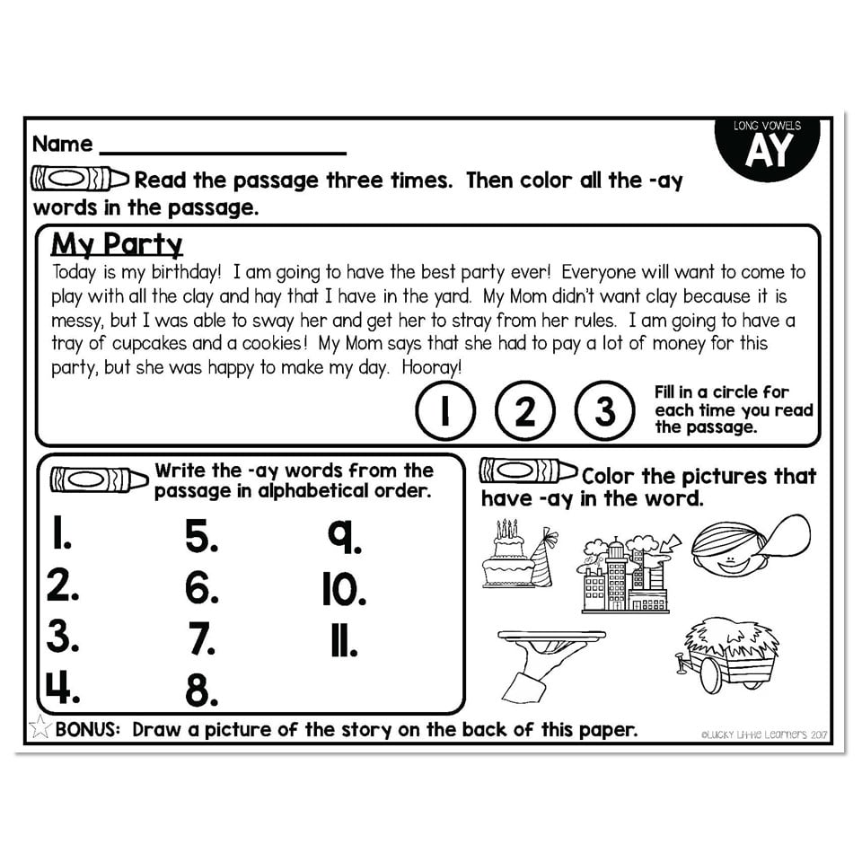 AY - Long Vowels Phonics Mats 2nd Grade - Lucky Little Learners