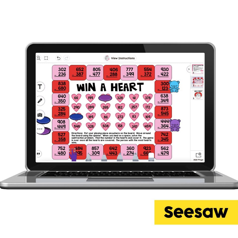 Digital Seesaw - 2nd Grade February Math Center - 3 Digit Subtraction ...