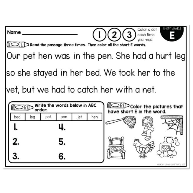 E - Short Vowel Phonics Mats 1st Grade - Lucky Little Learners