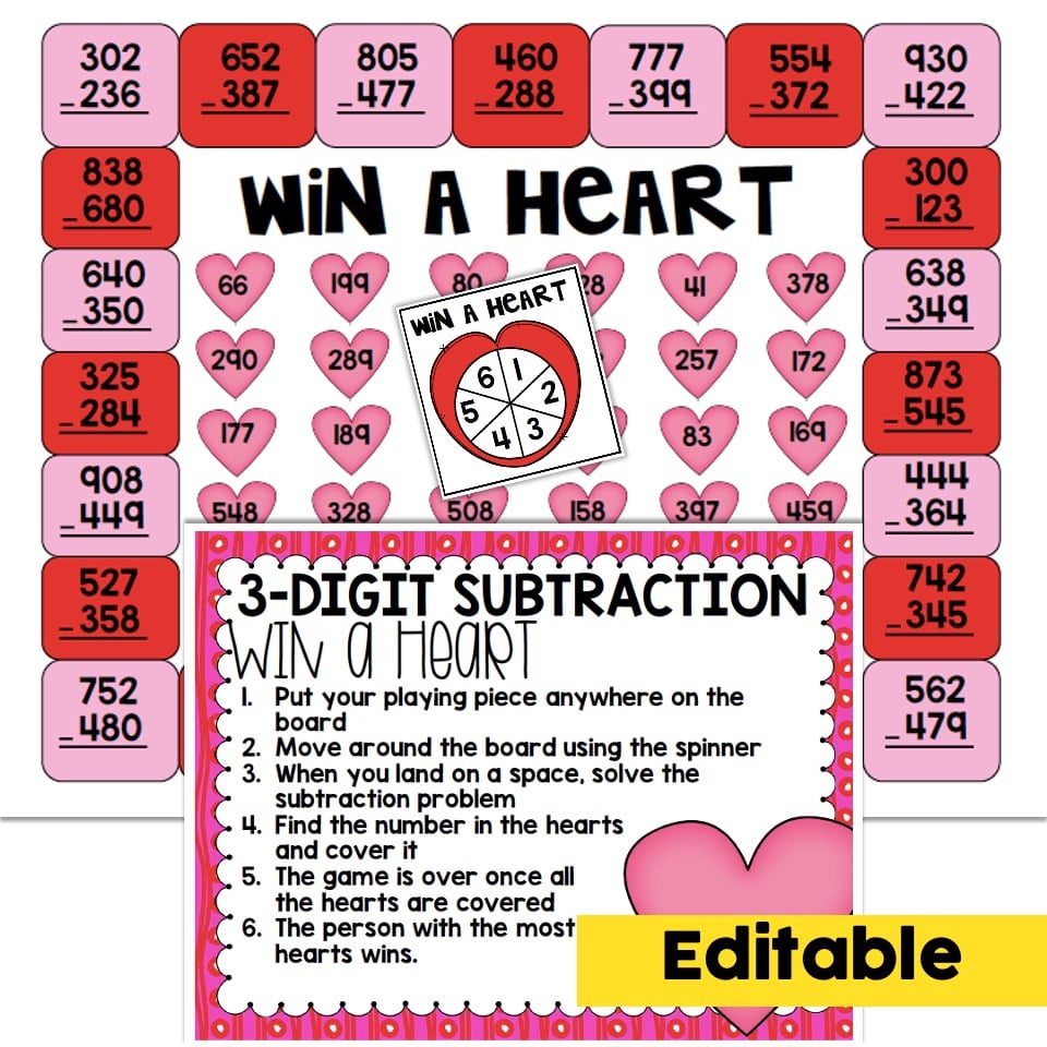 Editable - 2nd Grade February Math Center - 3 Digit Subtraction - Lucky ...