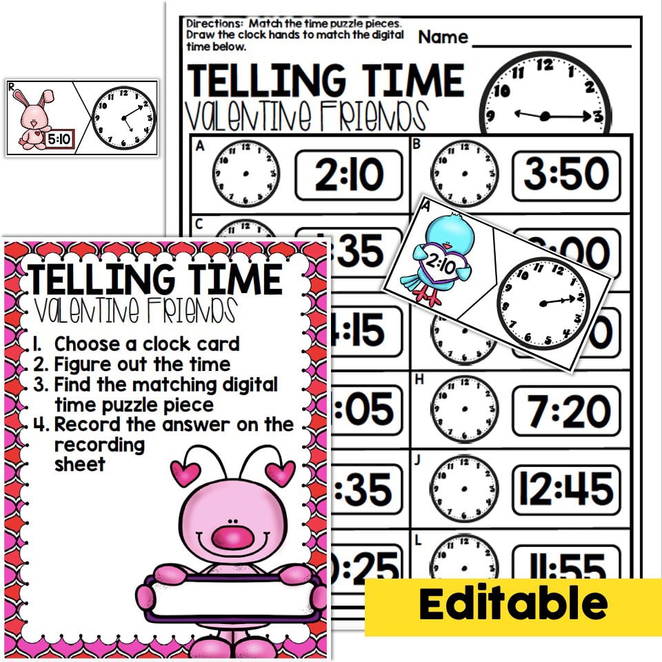 Editable - 2nd Grade February Math Center - Telling Time - Lucky Little ...