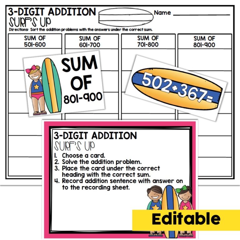Editable - 2nd Grade June Math Center - 3 Digit Addition - Lucky Little ...