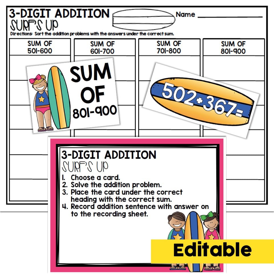 Editable - 2nd Grade June Math Center - 3 Digit Addition - Lucky Little ...