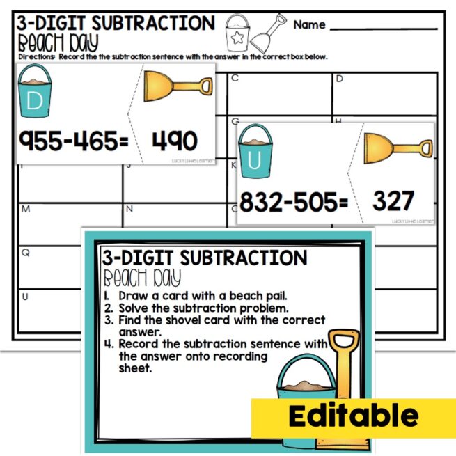 Editable - 2nd Grade June Math Center - 3 Digit Subtraction - Lucky ...