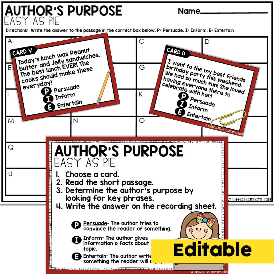 Editable - 2nd Grade Reading Center - Author's Purpose - Lucky Little ...