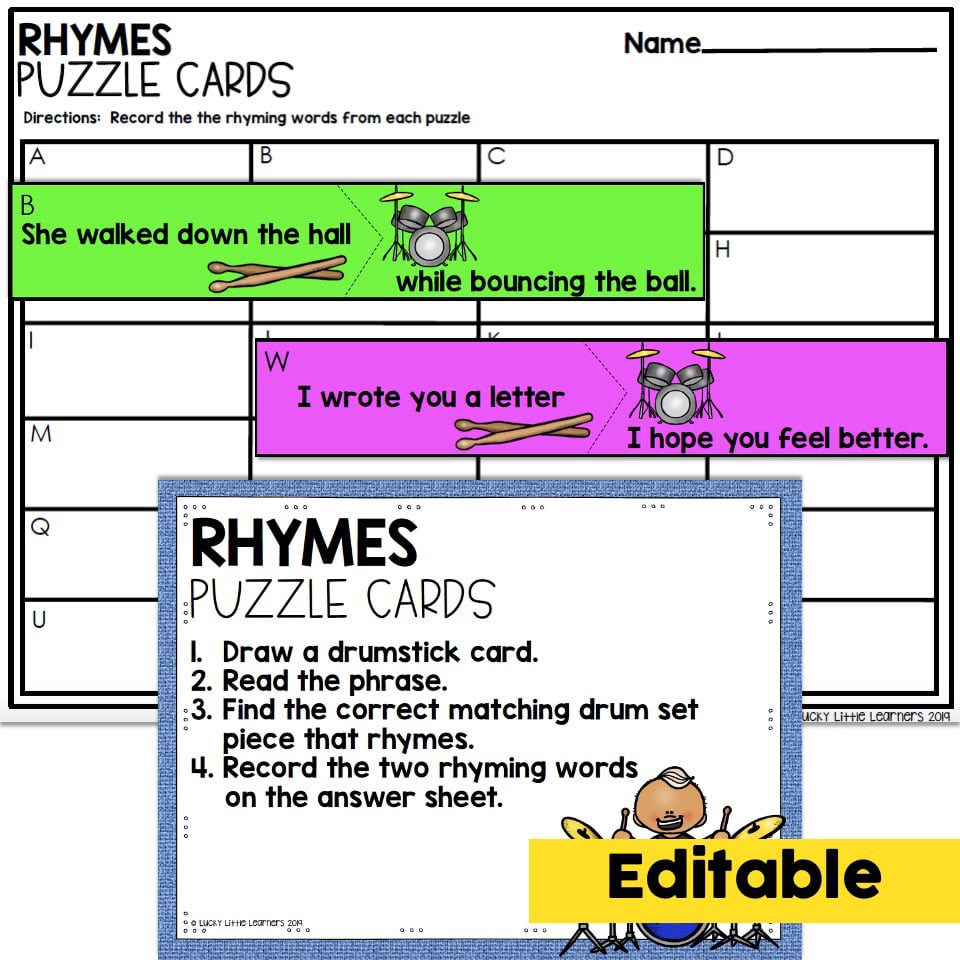 Editable - 2nd Grade Reading Center - Rhymes - Lucky Little Learners