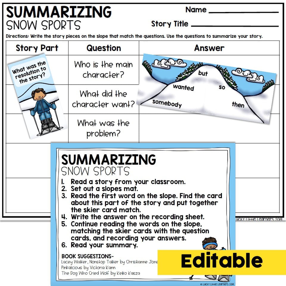 Editable - 2nd Grade Reading Center - Summarizing - Lucky Little Learners