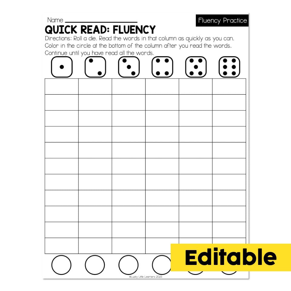 Editable Fluency Practice - Quick Read - Lucky Little Learners