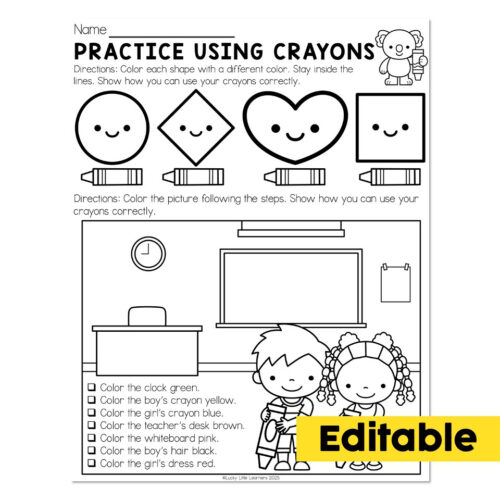 Editable School Supplies Practice - Crayons - Practice Page - Lucky ...