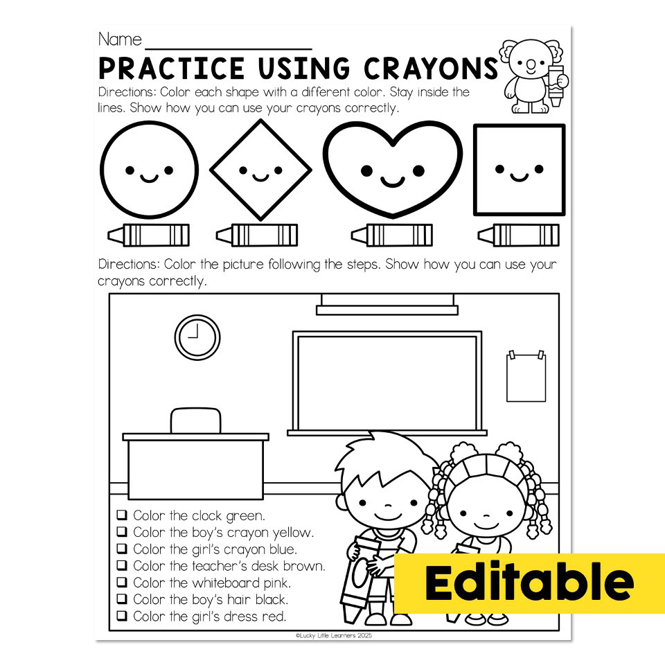 Editable School Supplies Practice - Crayons - Practice Page - Lucky ...