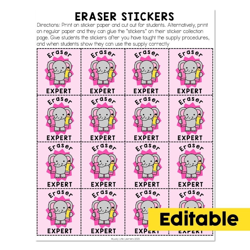 Editable School Supplies Practice - Erasers - Stickers - Lucky Little ...
