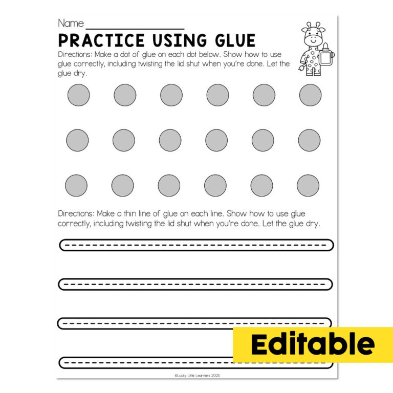 Editable School Supplies Practice - Glue - Practice Page - Lucky Little ...